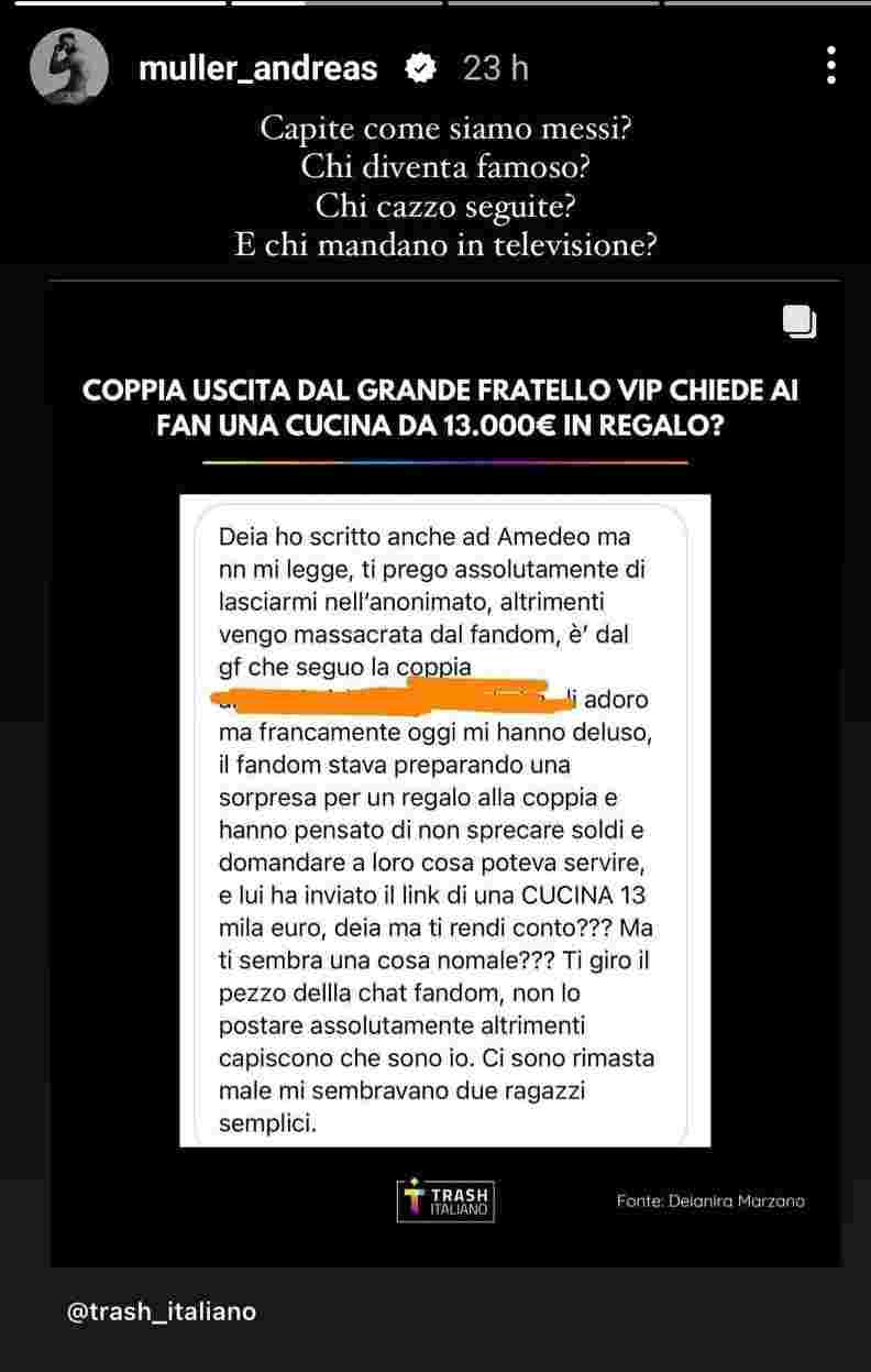 Andreas Muller contro gli ex del Grande Fratello Vip: il duro sfogo social