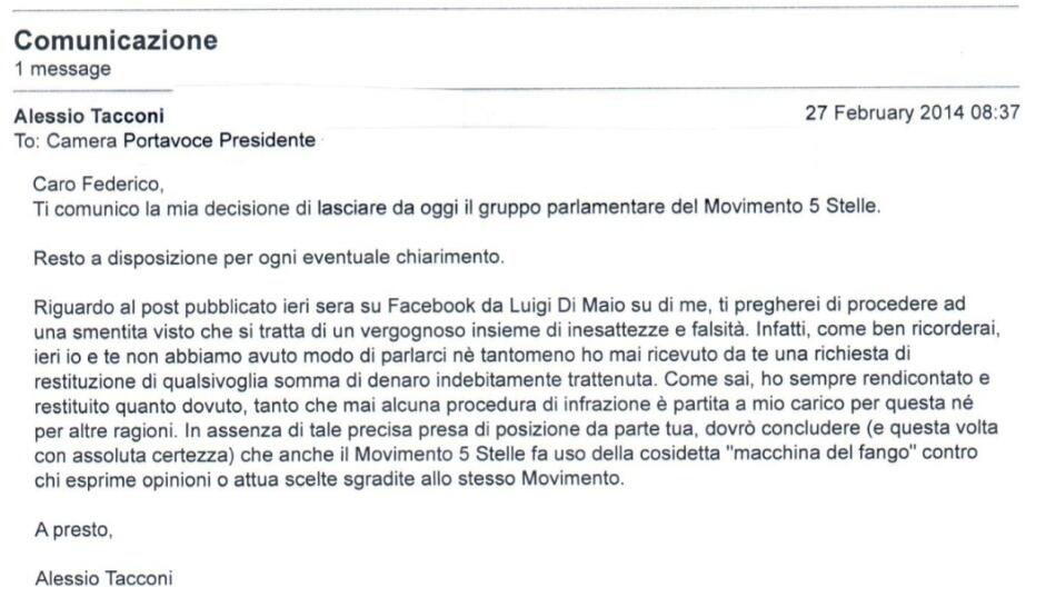 Alessio Tacconi: le dimissioni dal Movimento 5 Stelle con una mail al ...