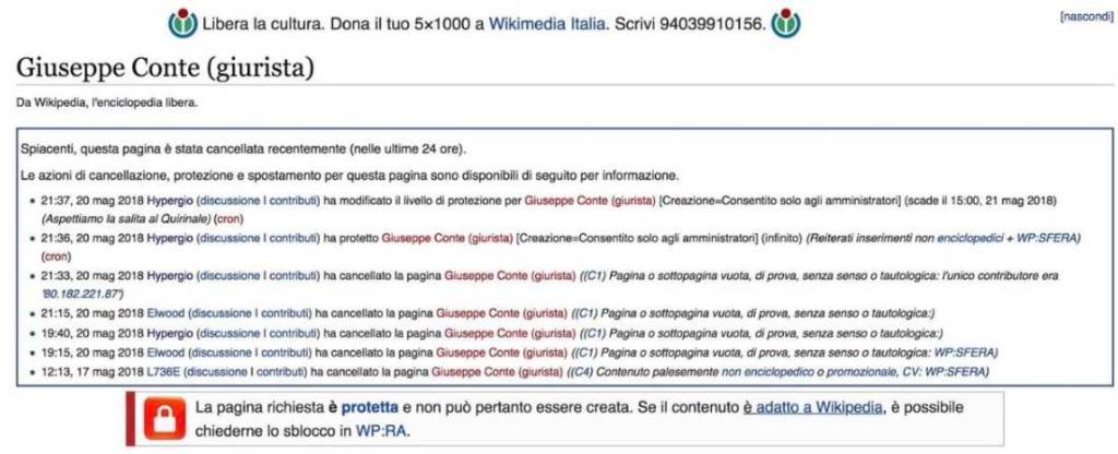 Giuseppe Conte e la scomparsa della pagina Wikipedia