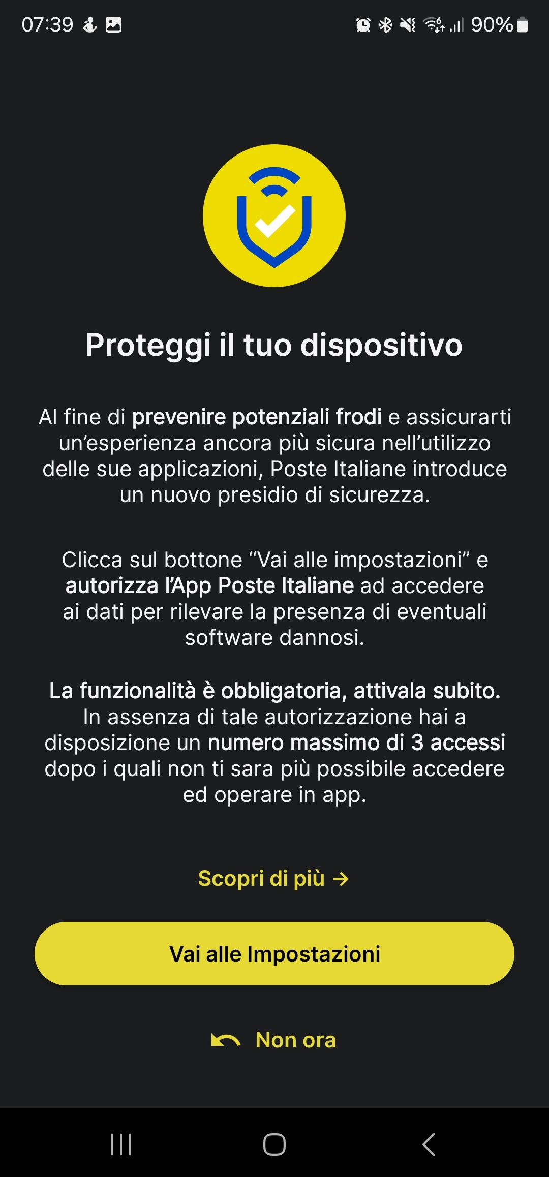 App Poste Italiane, richiesta di accesso ai dati del telefono ...