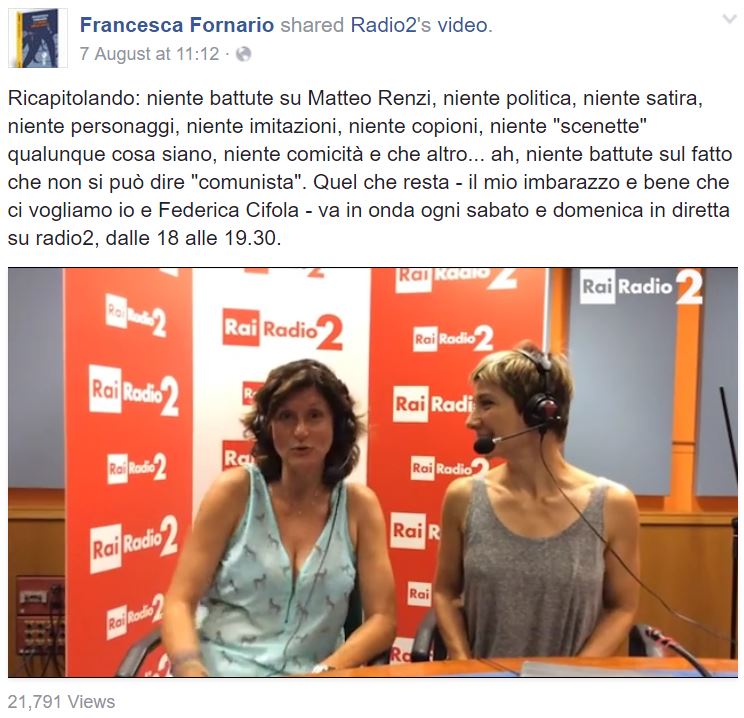 Francesca Fornario e il divieto di fare satira su Renzi a Radio2 ...