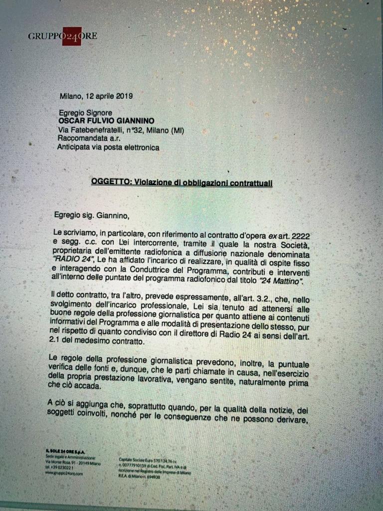 La lettera di contestazione di Radio24 a Oscar Giannino