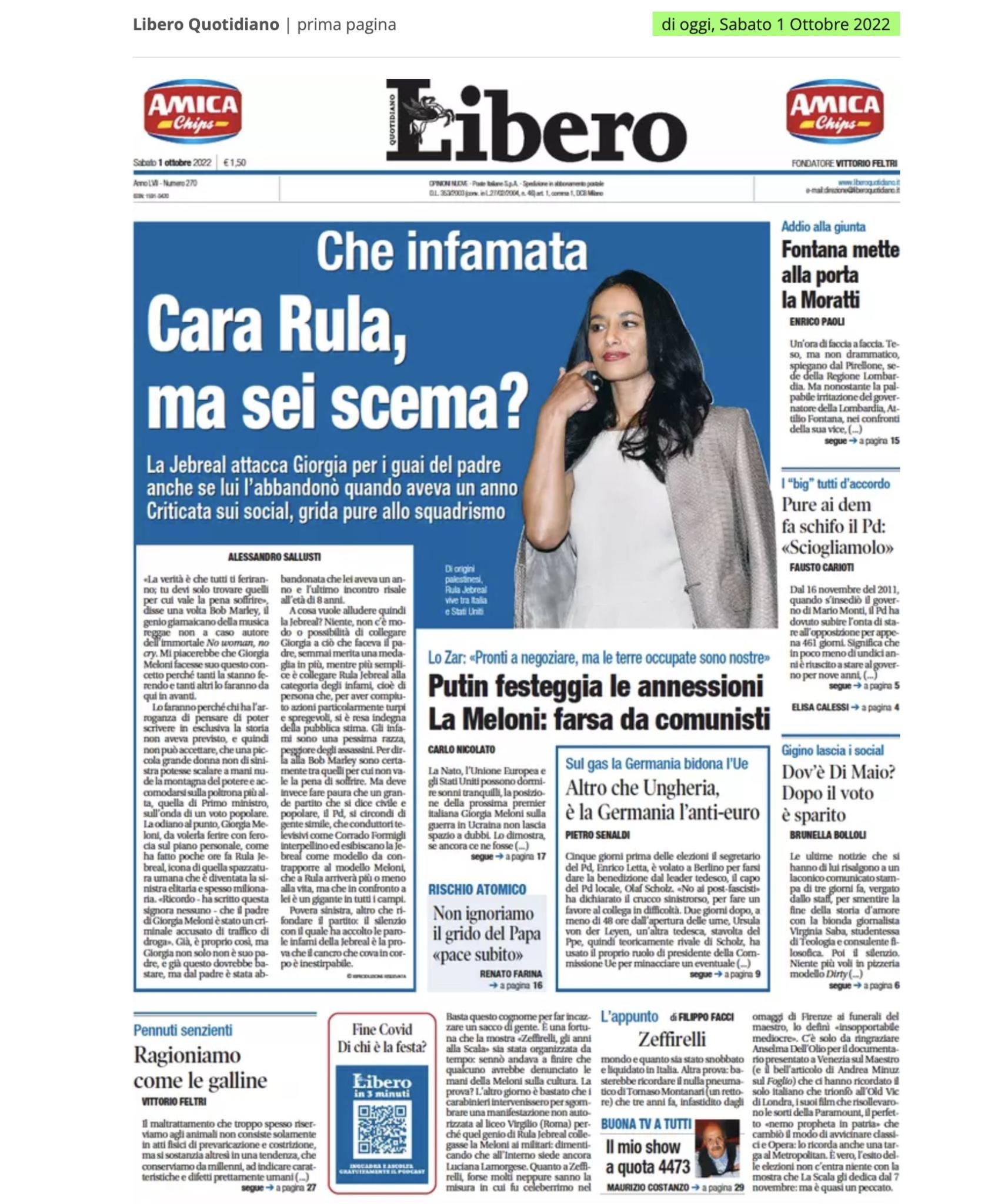 E Libero Chiede A Rula Jebreal Se è Scema Per Le Parole Sul Padre Di Giorgia Meloni